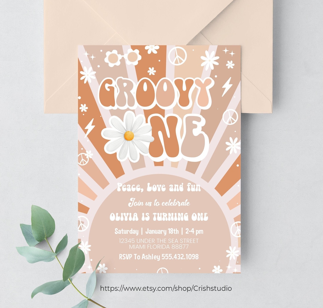 Editable Groovy ONE Birthday Invitation Pink Daisy Rainbow Groovy Van ...