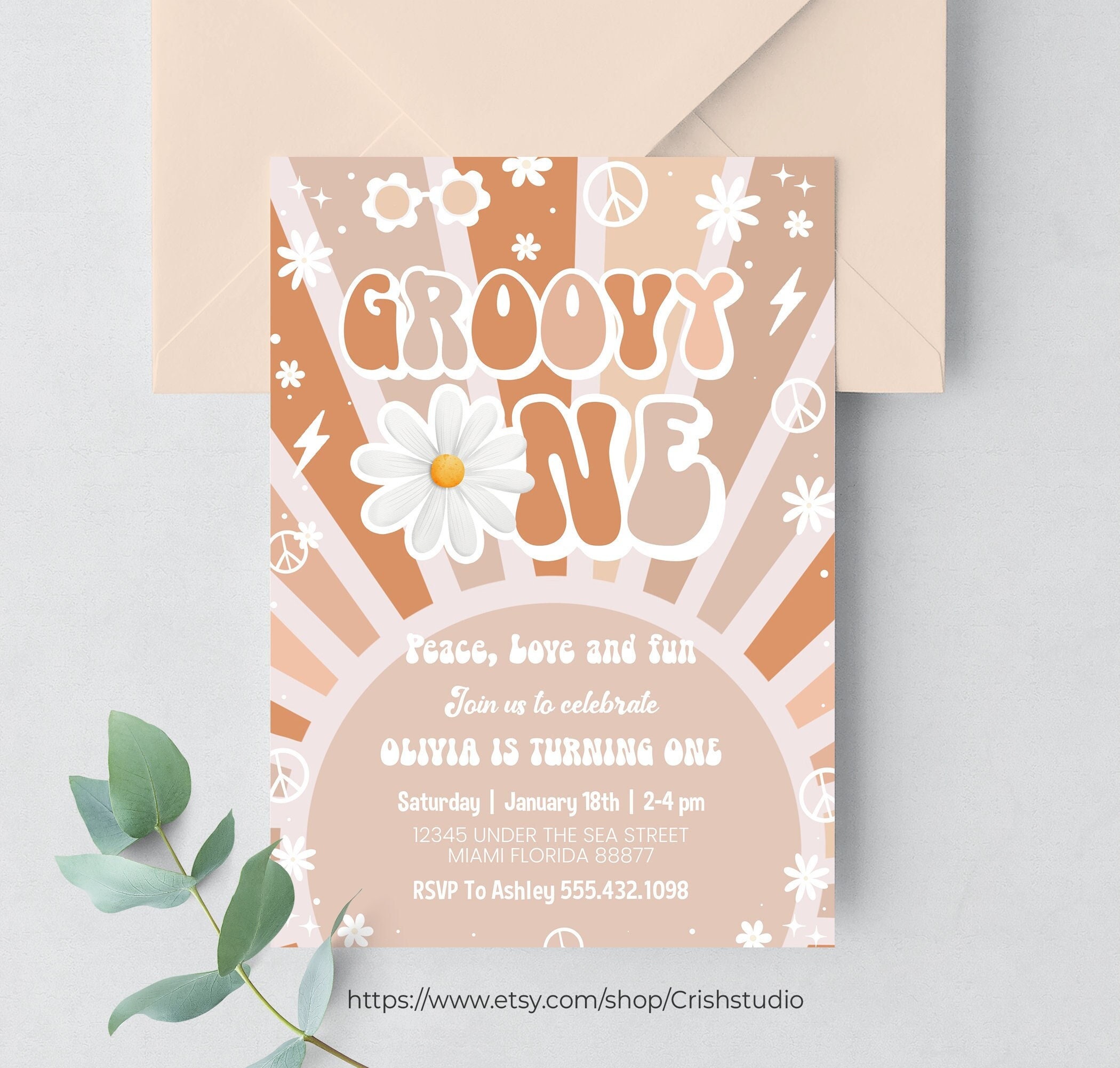 Editable Groovy ONE Birthday Invitation Pink Daisy Rainbow - Etsy