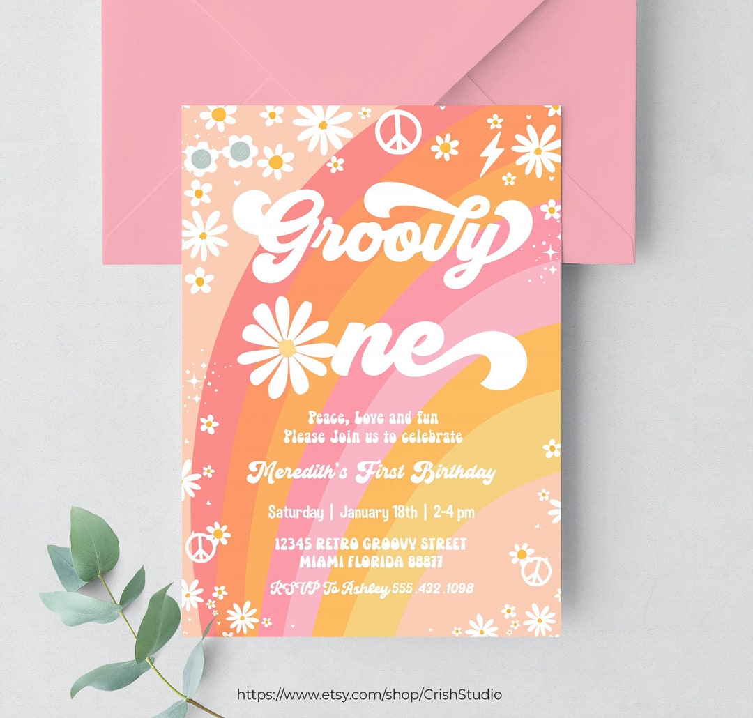 Groovy One Birthday Invitation Editable Retro Birthday Invitation ...