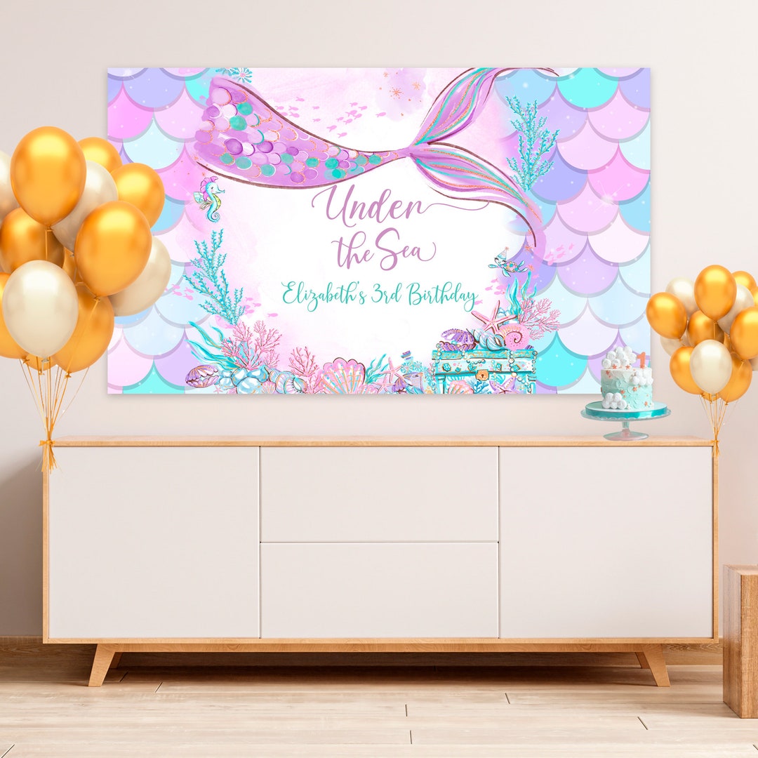 Editable Mermaid Birthday Backdrop Little Mermaid Under the Sea Custom ...