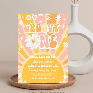 Editable Groovy ONE Birthday Invitation Pink Daisy Rainbow Groovy Van ...