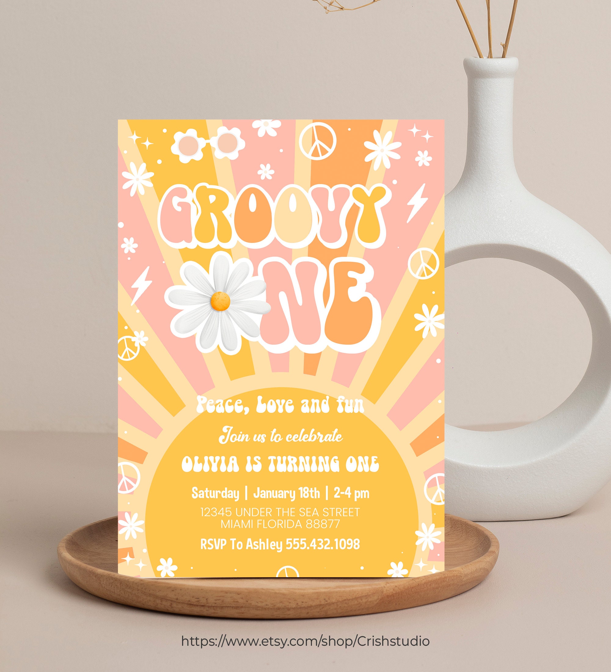 Editable Groovy ONE Birthday Invitation Pink Daisy Rainbow Groovy Van ...