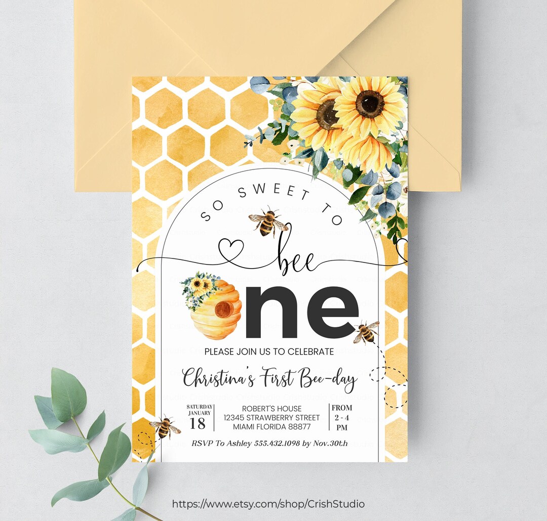 Editable Bee Birthday Card Bee Theme Bee Party Birthday Card 1st ...