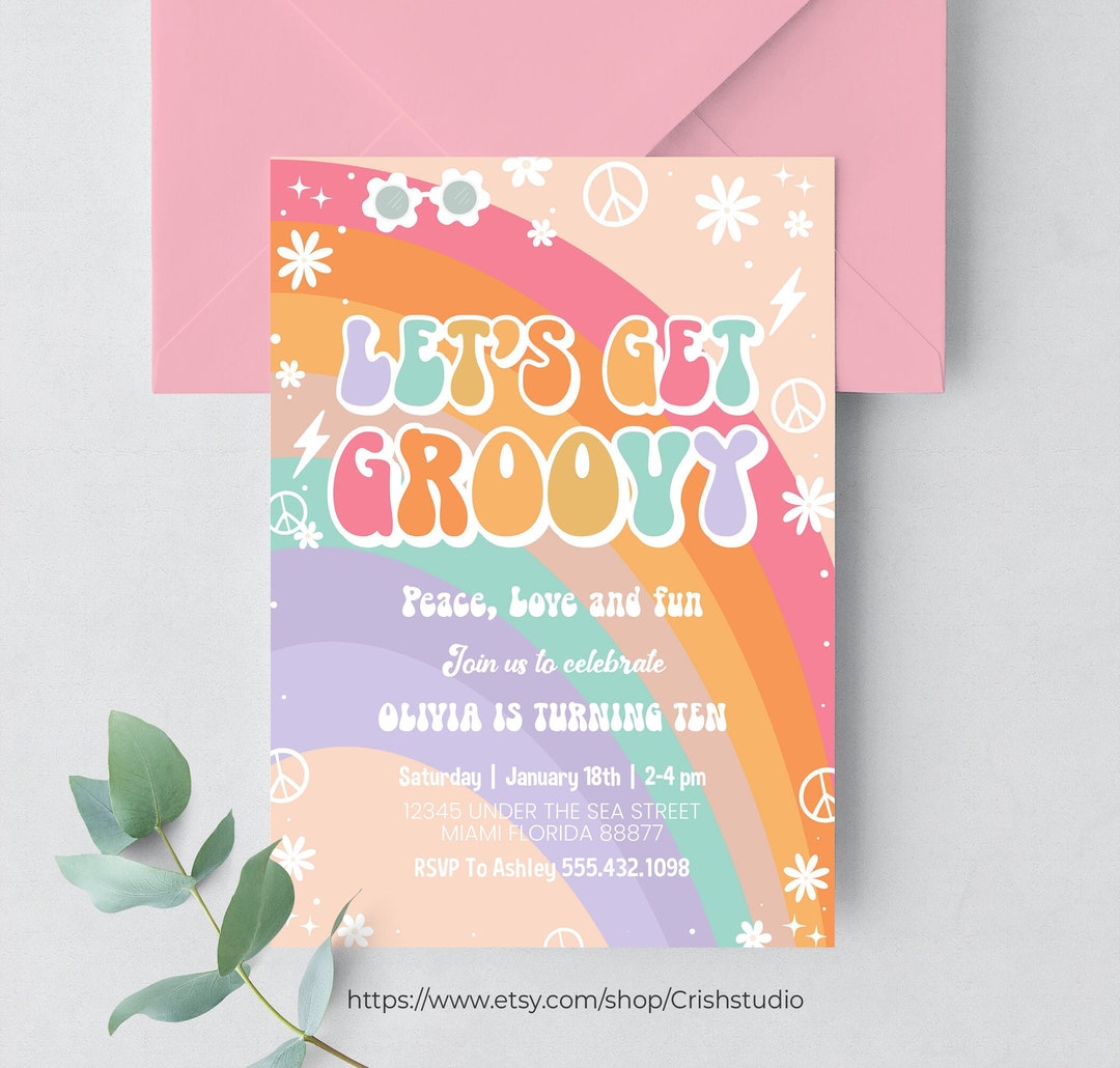 Editable ANY AGE Pink Groovy Van Daisy Rainbow Let's Get Groovy ...