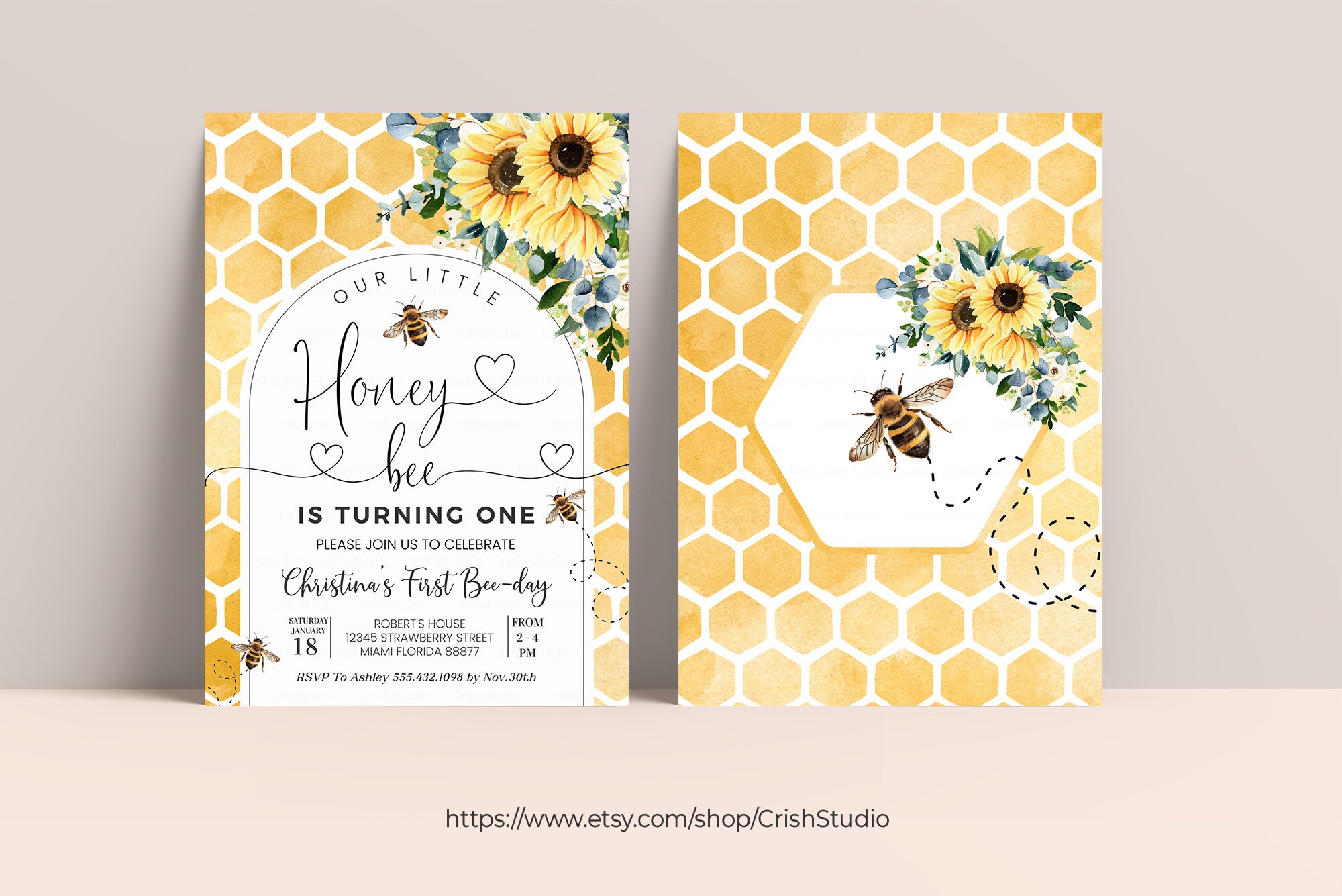Editable Honey Bee Birthday Card Bee Theme Bee Party Birthday Card 1st ...