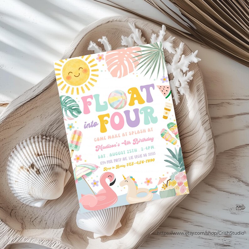 Editable Float Into Four Pool Party Birthday Invitation Pool Party With Watercolors Pool Party ...