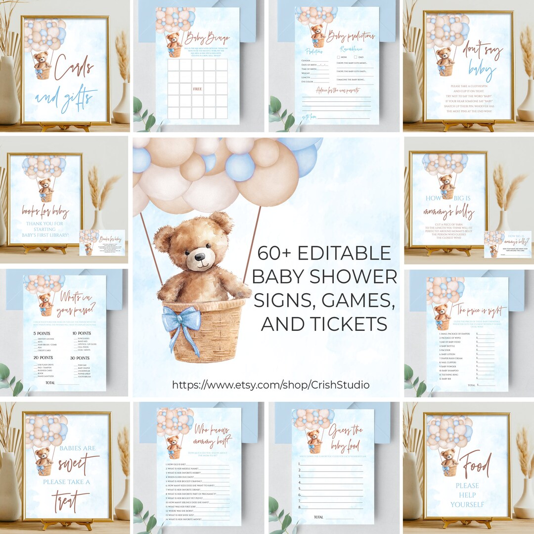 EDITABLE Teddy Bear Baby Shower Game Baby Shower Games We Can Bearly Wait Baby Shower Bingo Baby ...