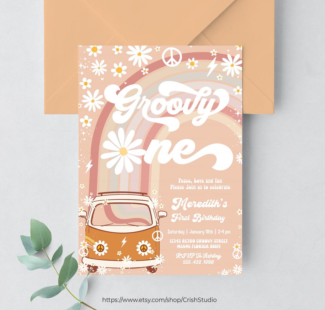 Groovy One Birthday Invitation Editable Retro Birthday Invitation ...