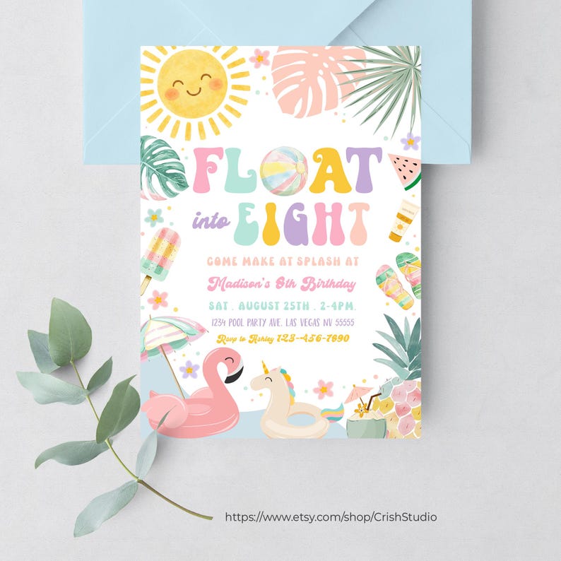 Editable Float Into Eight Pool Party Birthday Invitation With ...
