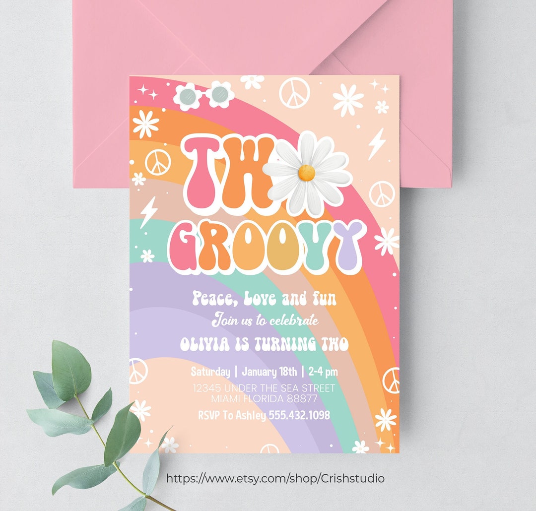 Editable Two Groovy Invitation Groovy 2nd Birthday Invite Pink Daisy ...