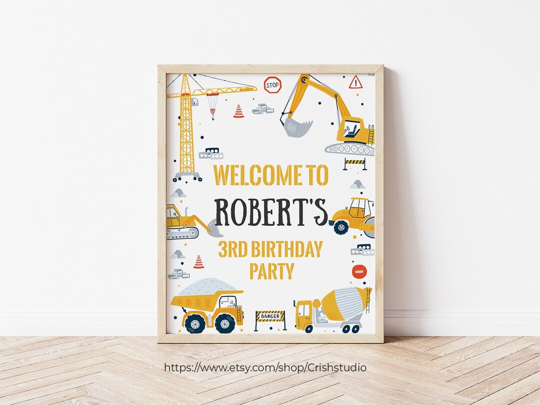 Editable Construction Welcome Sign Dump Truck Digger Excavator ...