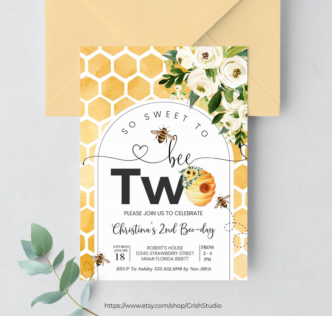 Editable Bee Birthday Card Bee Theme Bee Party Birthday Card 2nd ...