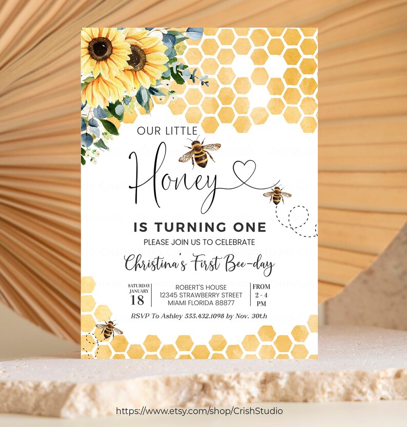 Editable Honey Bee Birthday Card Bee Theme Bee Party Birthday Card 1st ...
