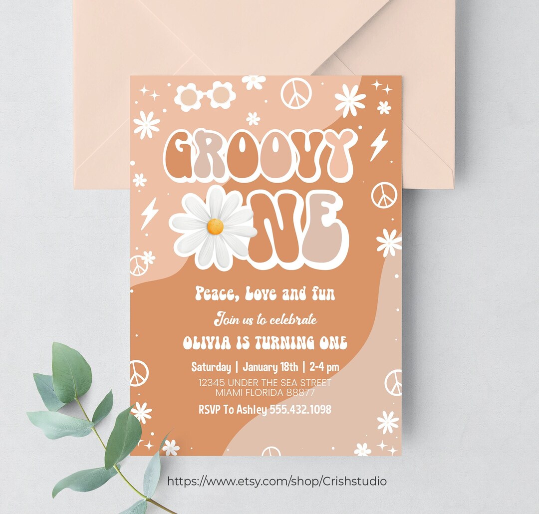 Editable Groovy ONE Birthday Invitation Pink Daisy Rainbow Groovy Van ...
