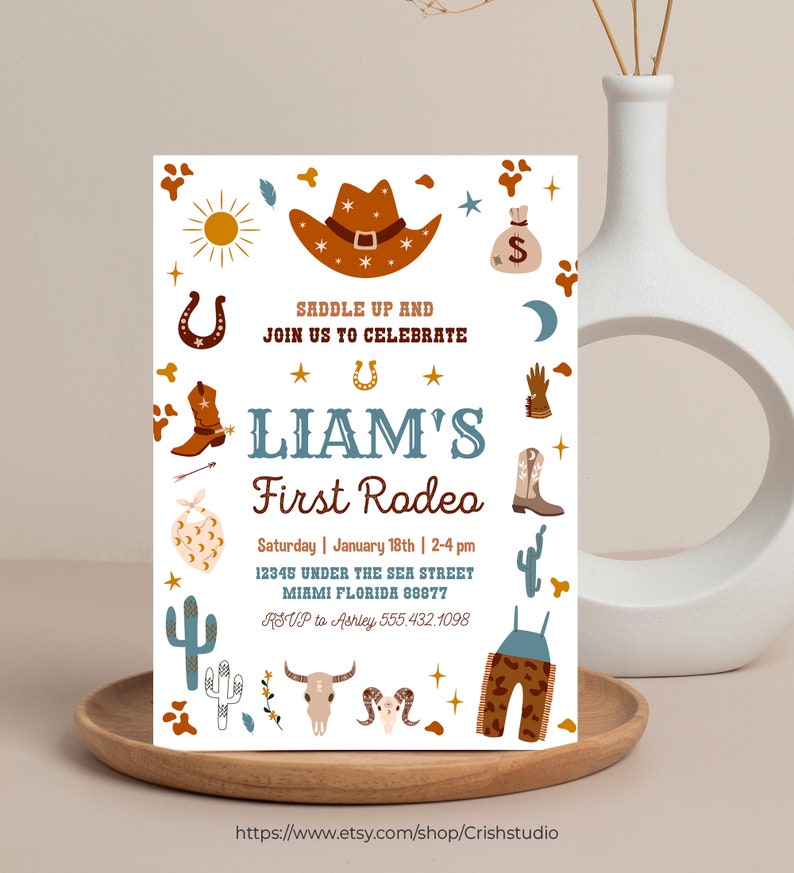 Editable Cowboy Birthday Invitation Wild West Cowboy 1st Rodeo Birthday ...