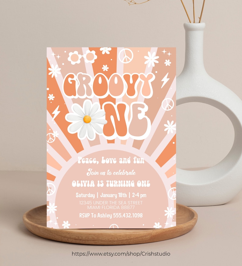 Editable Groovy ONE Birthday Invitation Pink Daisy Rainbow - Etsy