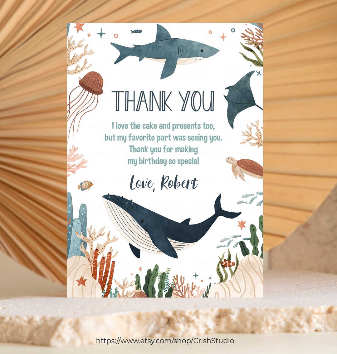 Under the Sea Thank You Card Editable Ocean Theme Birthday Boy Whale ...