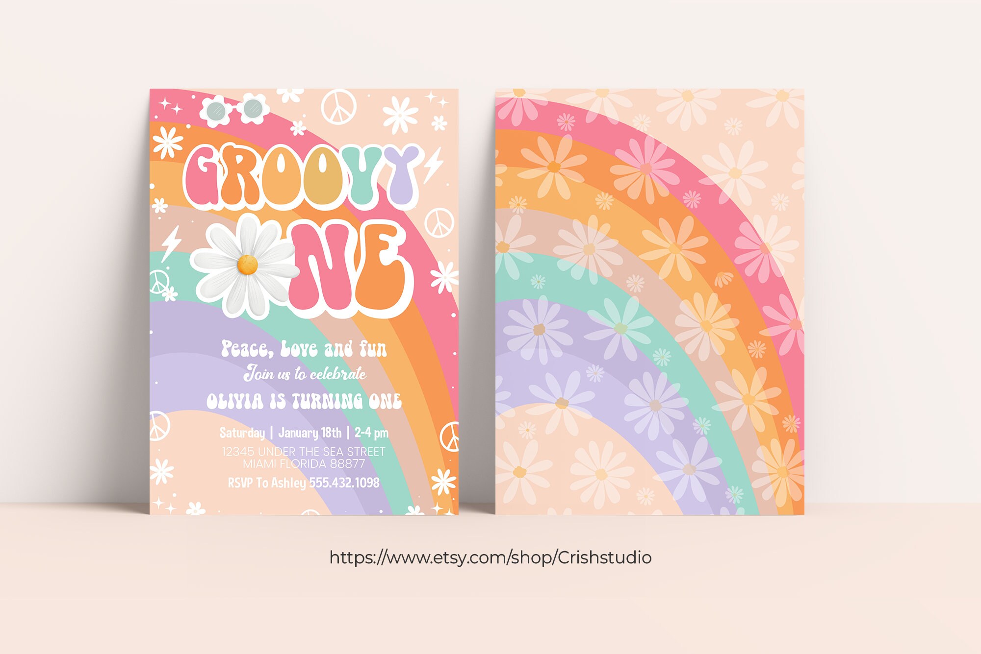 Editable Groovy ONE Birthday Invitation Pink Daisy Rainbow Groovy Van ...