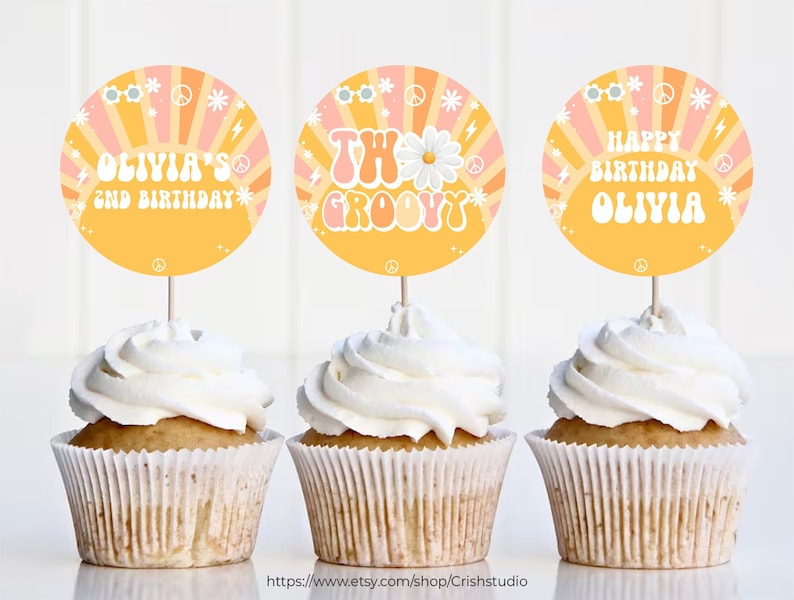 EDITABLE Groovy Birthday Cupcake Toppers Daisy Party - Etsy