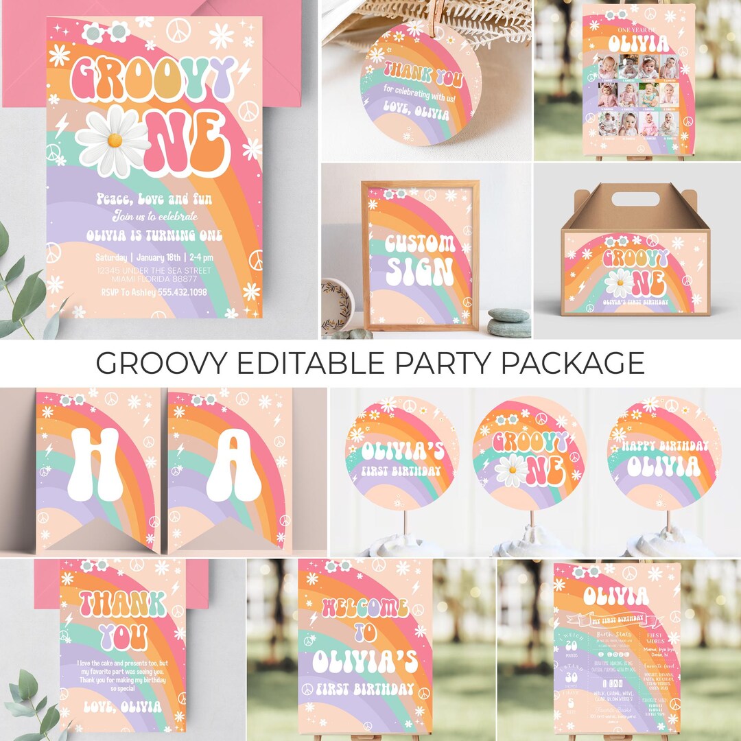 EDITABLE Groovy ONE Birthday Package First Birthday Groovy Party ...