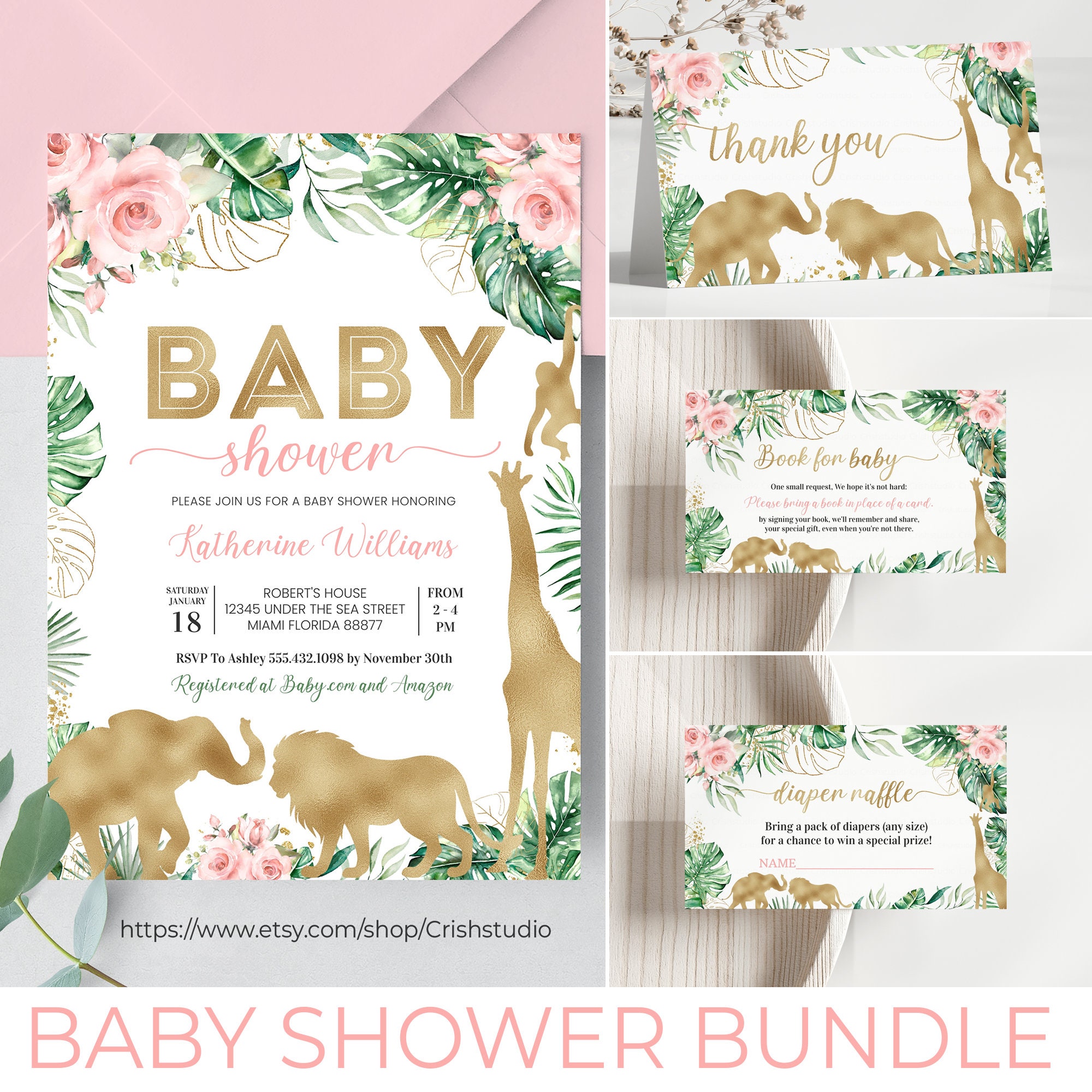 EDITABLE Safari Baby Shower Set Baby Shower Bundle Girl Baby - Etsy