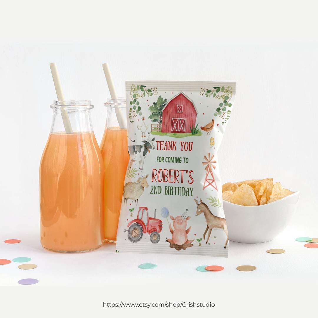 EDITABLE Farm Chip Bag Label Birthday Chip Bag Treat Bags Custom Chip ...