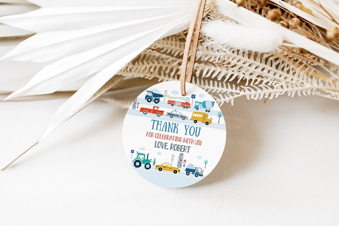 Editable Transportation Birthday Favor Tag Fire Truck Firetruck Diggers ...