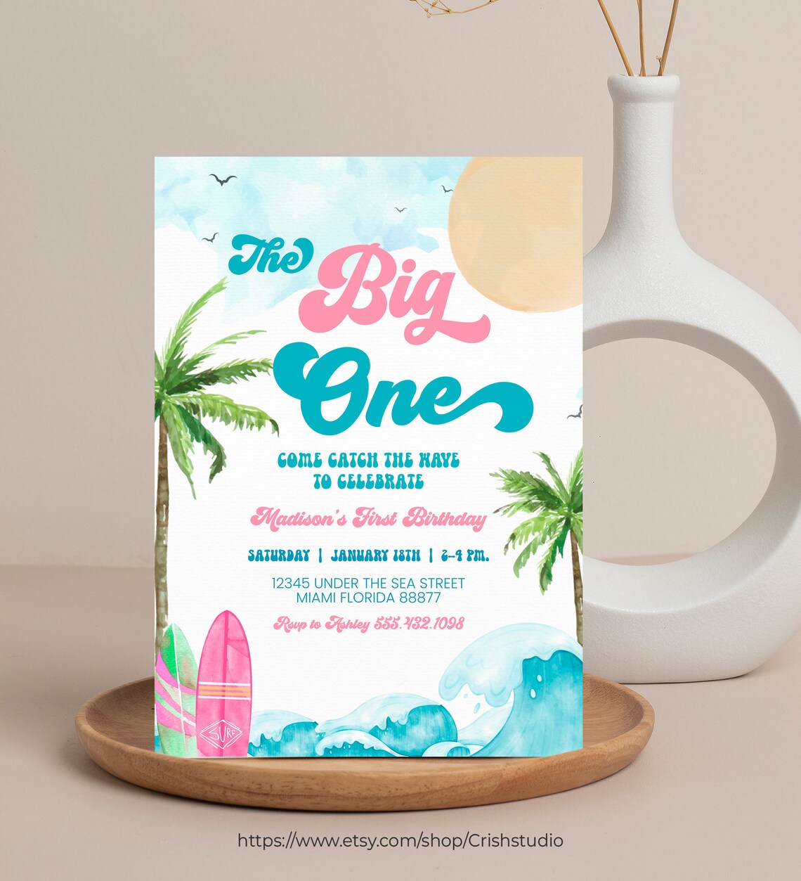 Editable Girl the Big One Surfing 1st Birthday Party Invitation Retro ...