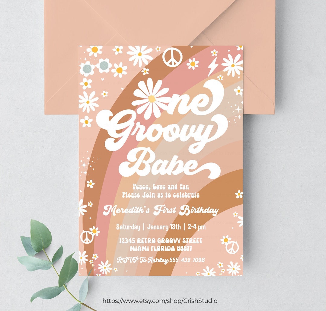 One Groovy Babe Birthday Invitation Hippie Van Editable Groovy One ...