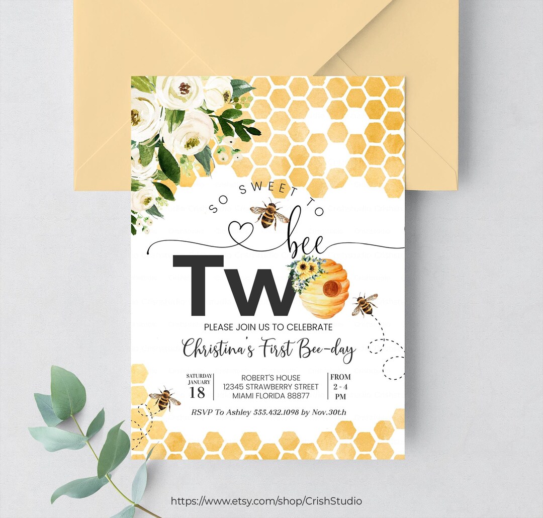 Editable Bee Birthday Card Bee Theme Bee Party Birthday Card 2nd ...