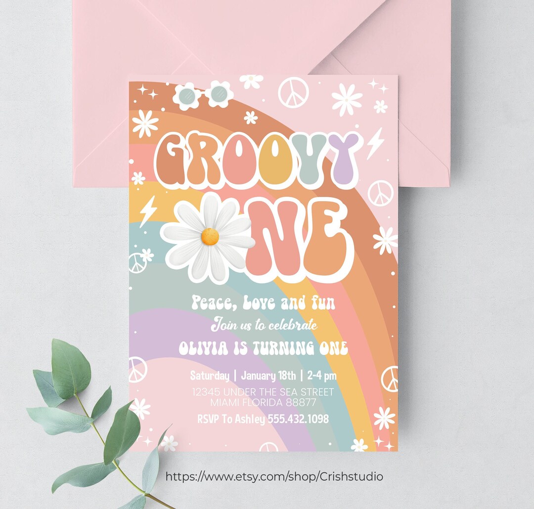 Editable Groovy ONE Birthday Invitation Pink Daisy Rainbow Groovy Van ...