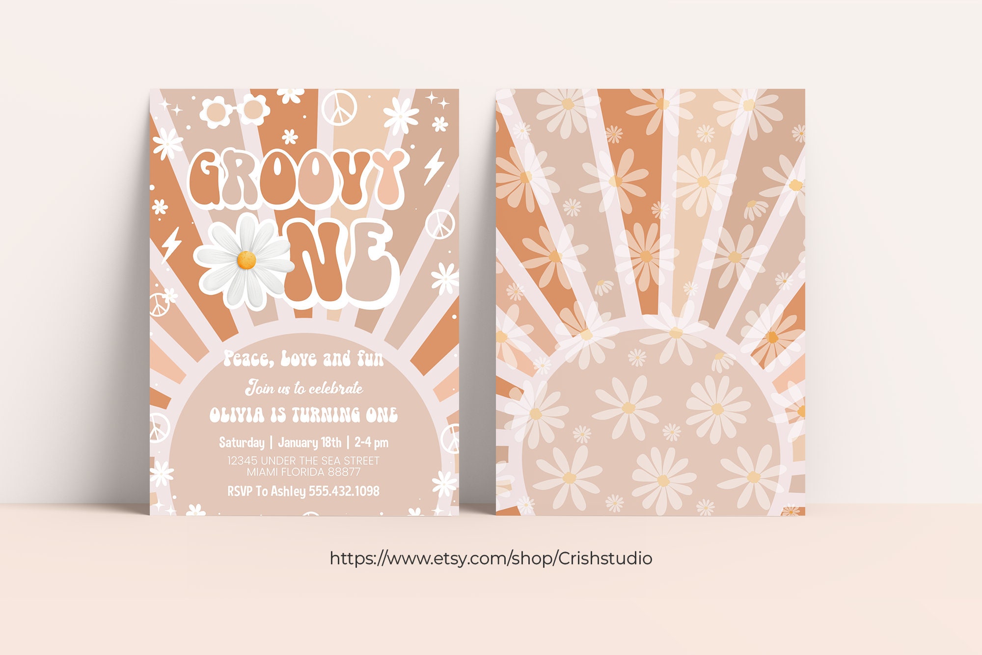 Editable Groovy ONE Birthday Invitation Pink Daisy Rainbow - Etsy