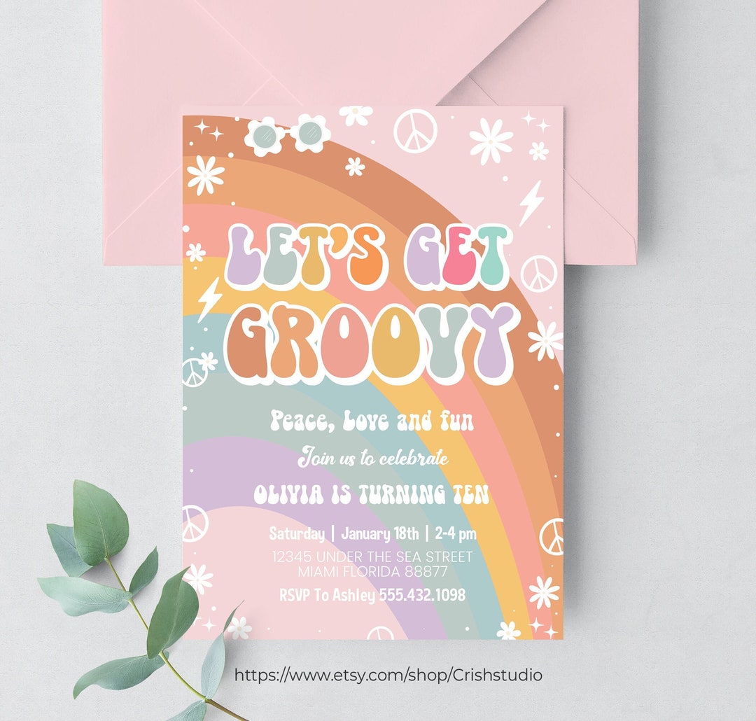 Editable ANY AGE Pink Groovy Van Daisy Rainbow Let's Get Groovy ...
