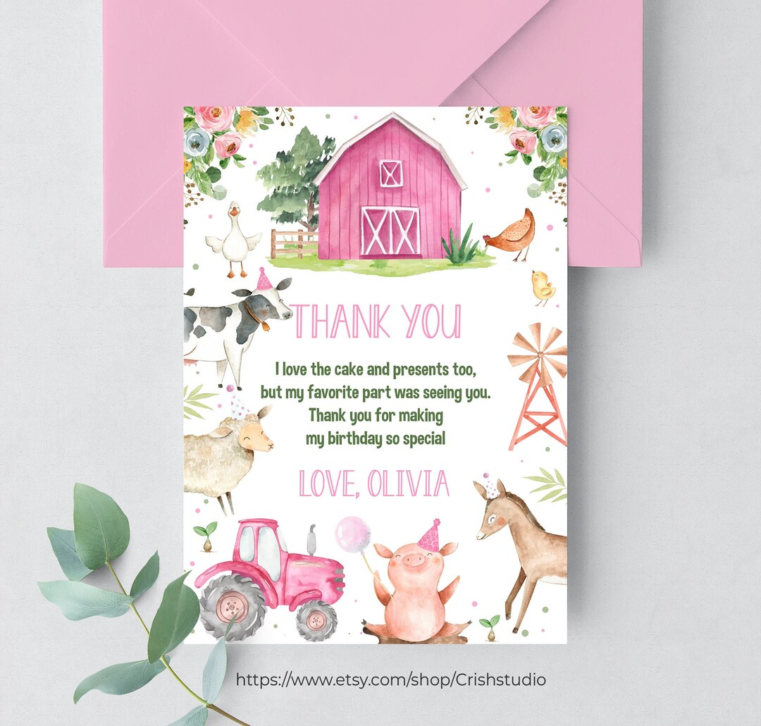 EDITABLE Farm Birthday Thank You Card Party Favors Greeting Card Farm ...