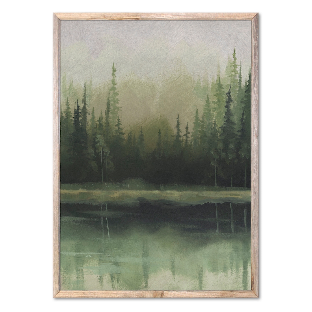 Green Lake Wall Art Forest Lake Oil Painting Evergreen Forest Art Print ...