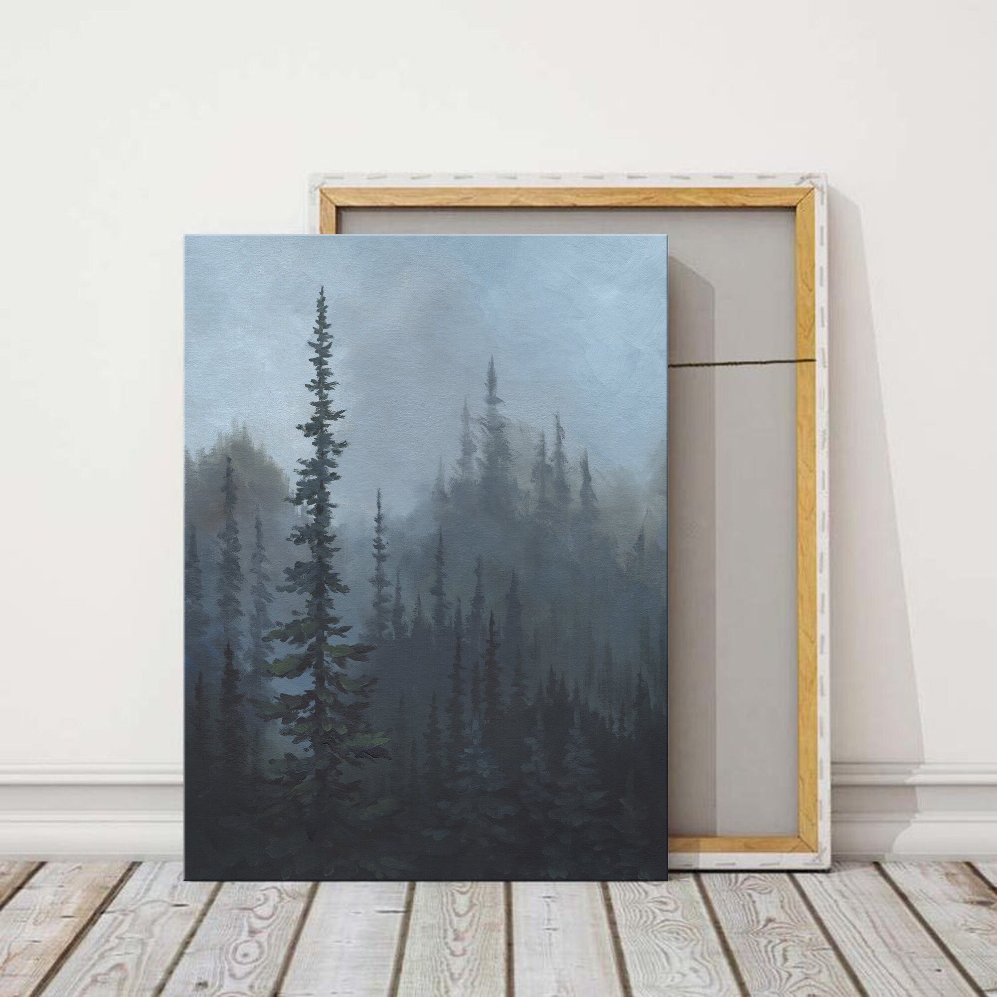 Evergreen Trees Art Print on Canvas Mountain Forest Oil Painting Pine ...