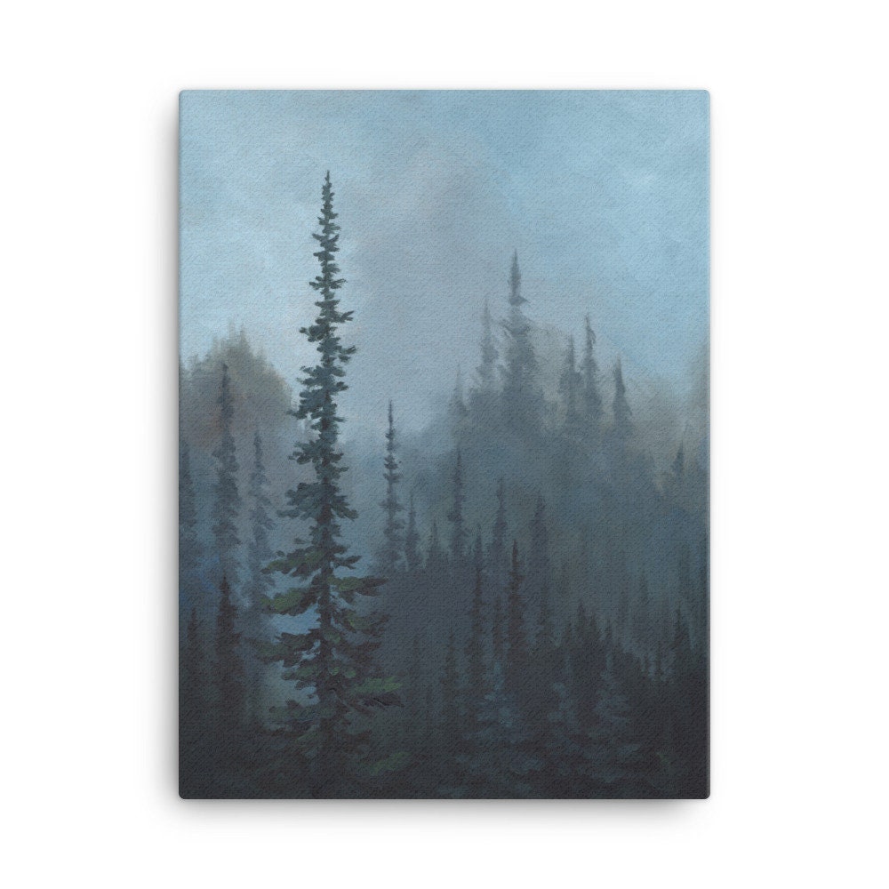 Evergreen Trees Art Print on Canvas Mountain Forest Oil Painting Pine ...