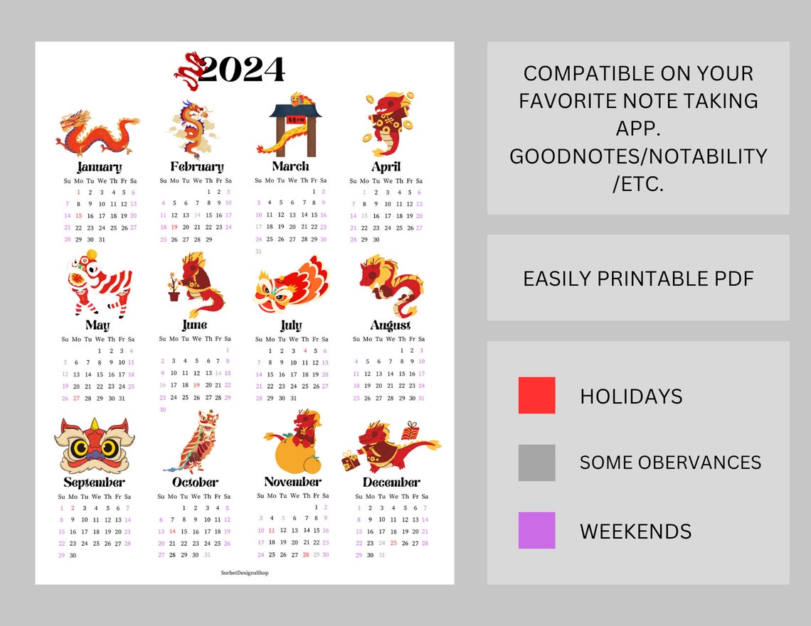 2024 Yearly Calendar / 2024 Year at a Glance Calendar / Year of the ...