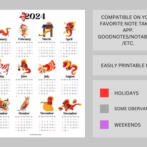 2024 Yearly Calendar / 2024 Year at a Glance Calendar / Year of the ...