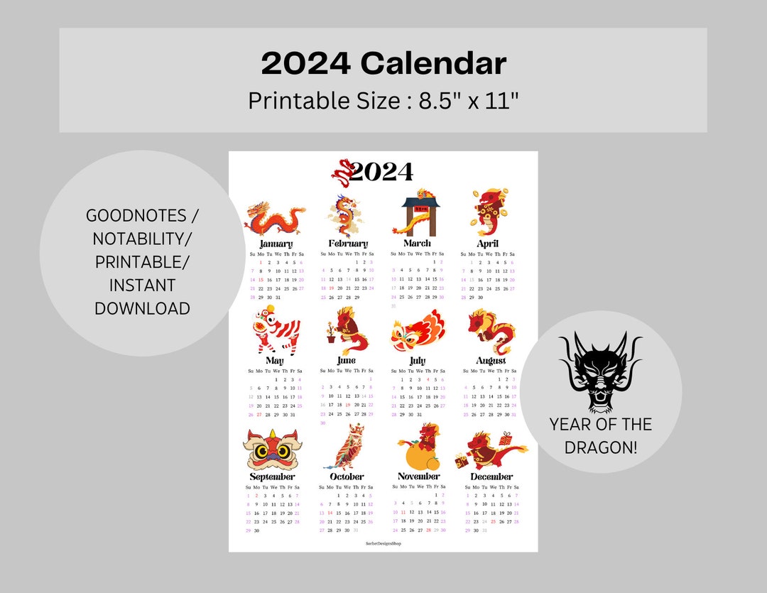 2024 Yearly Calendar / 2024 Year at a Glance Calendar / Year of the ...