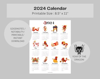 2024 Yearly Calendar / 2024 Year at a Glance Calendar / Dog Themed ...