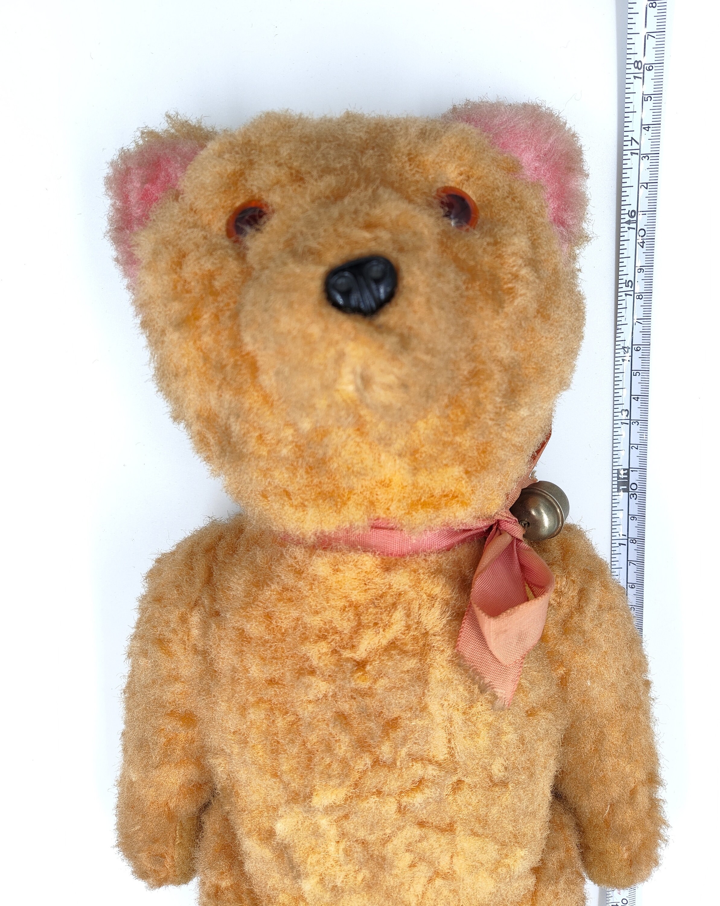 Vintage Straw Stuffed Teddy Bear With Bell, Glass Eyes Teddie Plush Toy ...