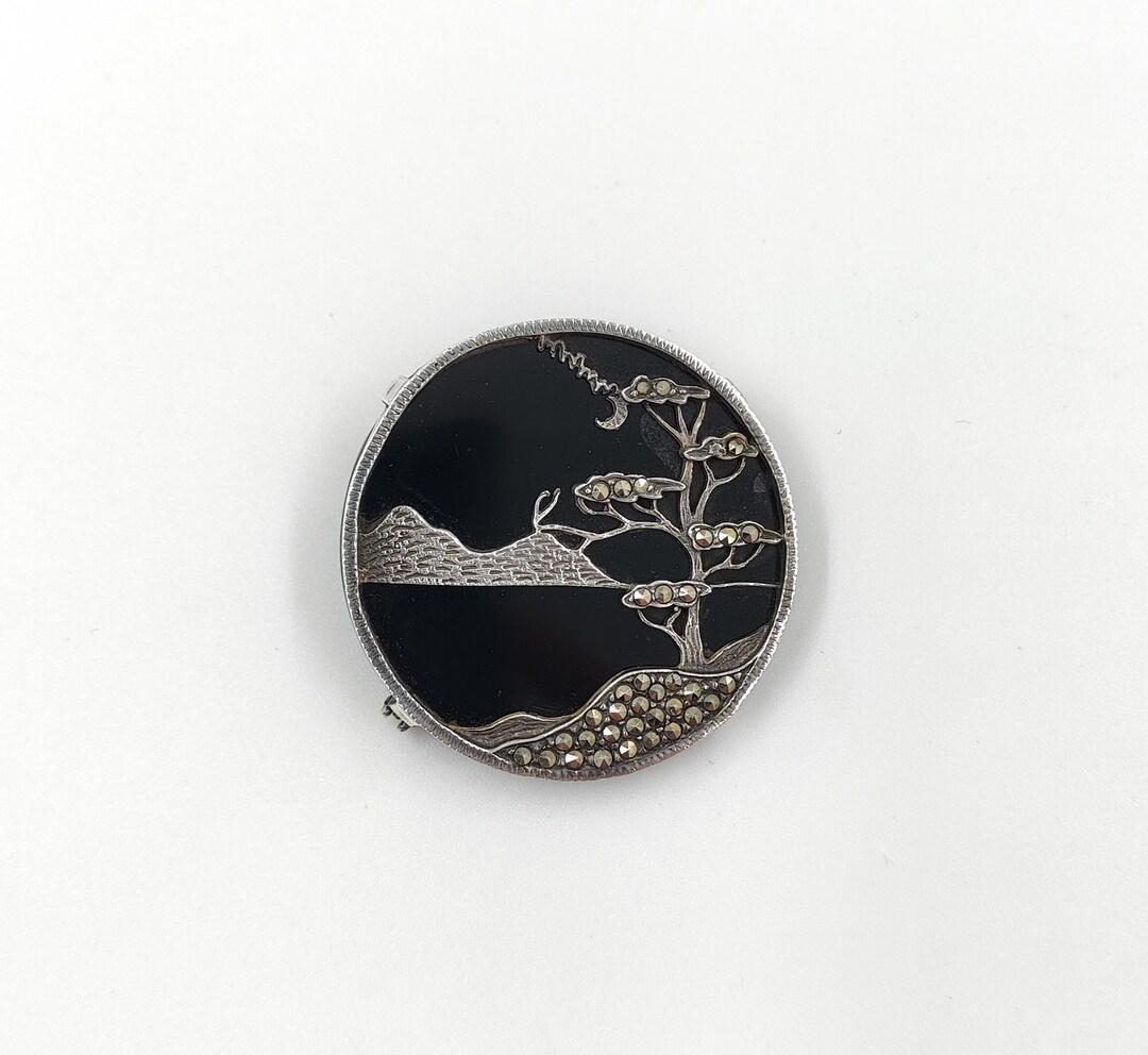 Vintage Japanese Silver Brooch, Landscape With Tree Scenery, Vintage ...