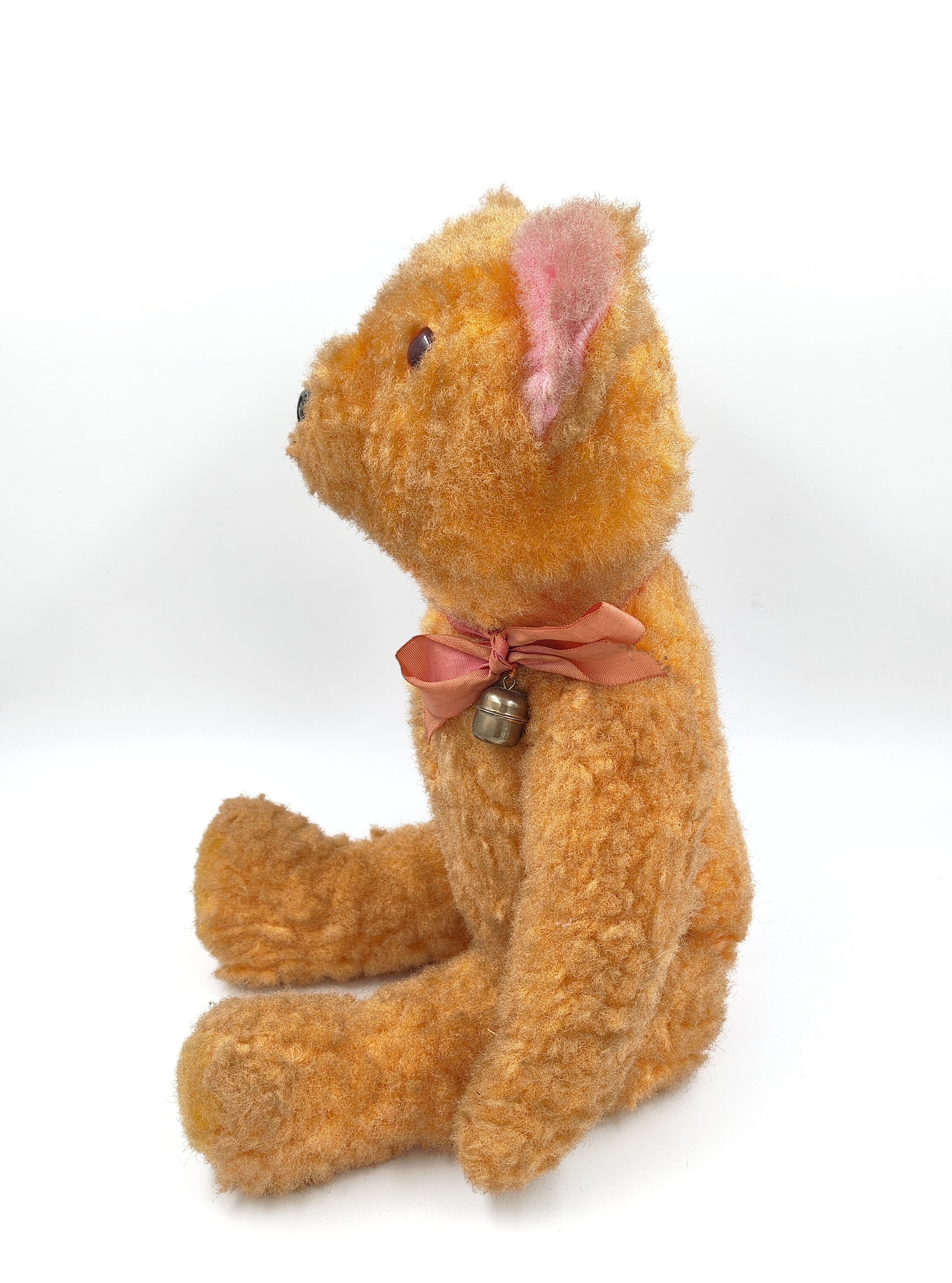 Vintage Straw Stuffed Teddy Bear With Bell, Glass Eyes Teddie Plush Toy ...