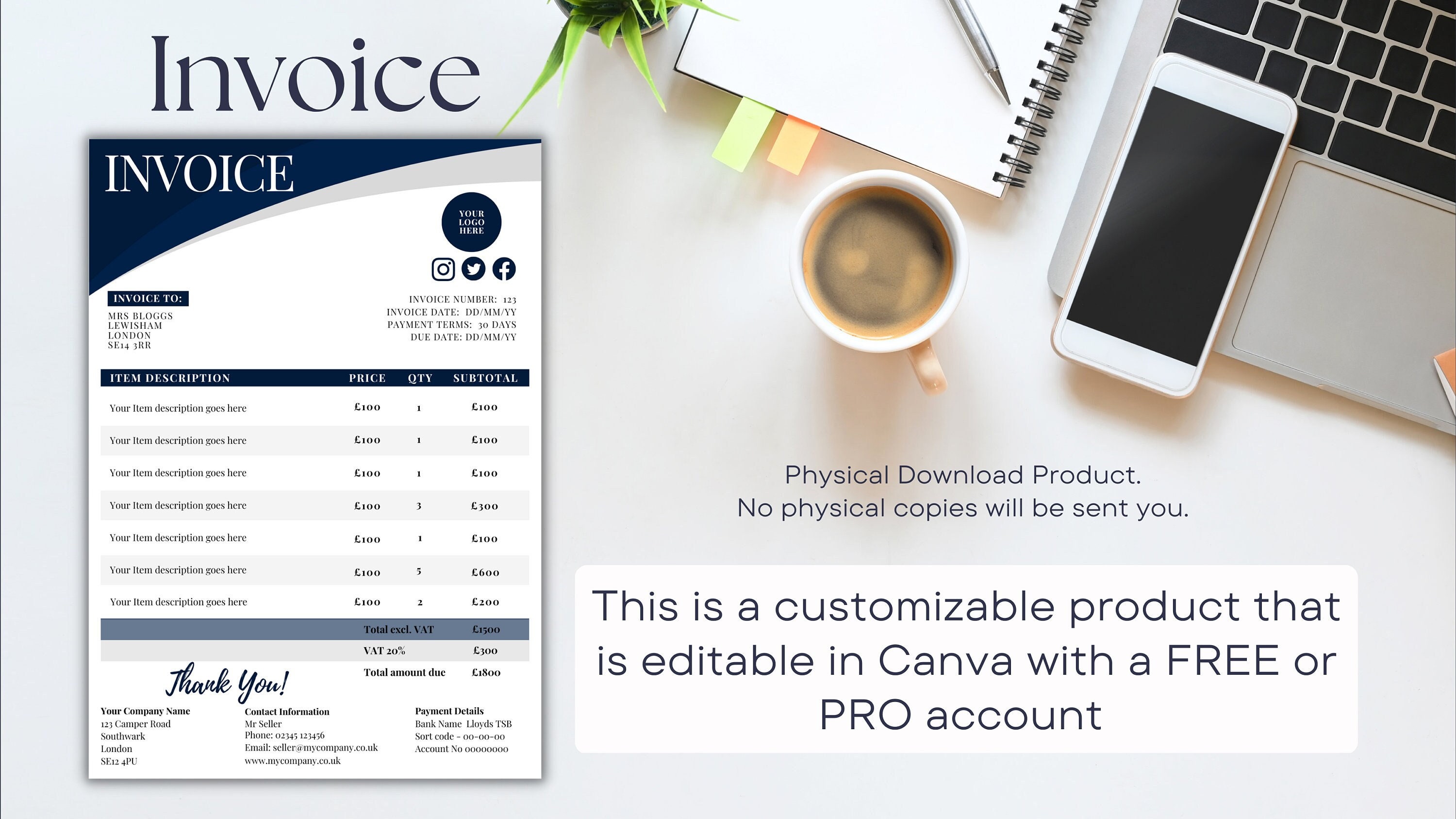 A4 Custom Invoice Template, Invoice Template, Editable Invoice ...