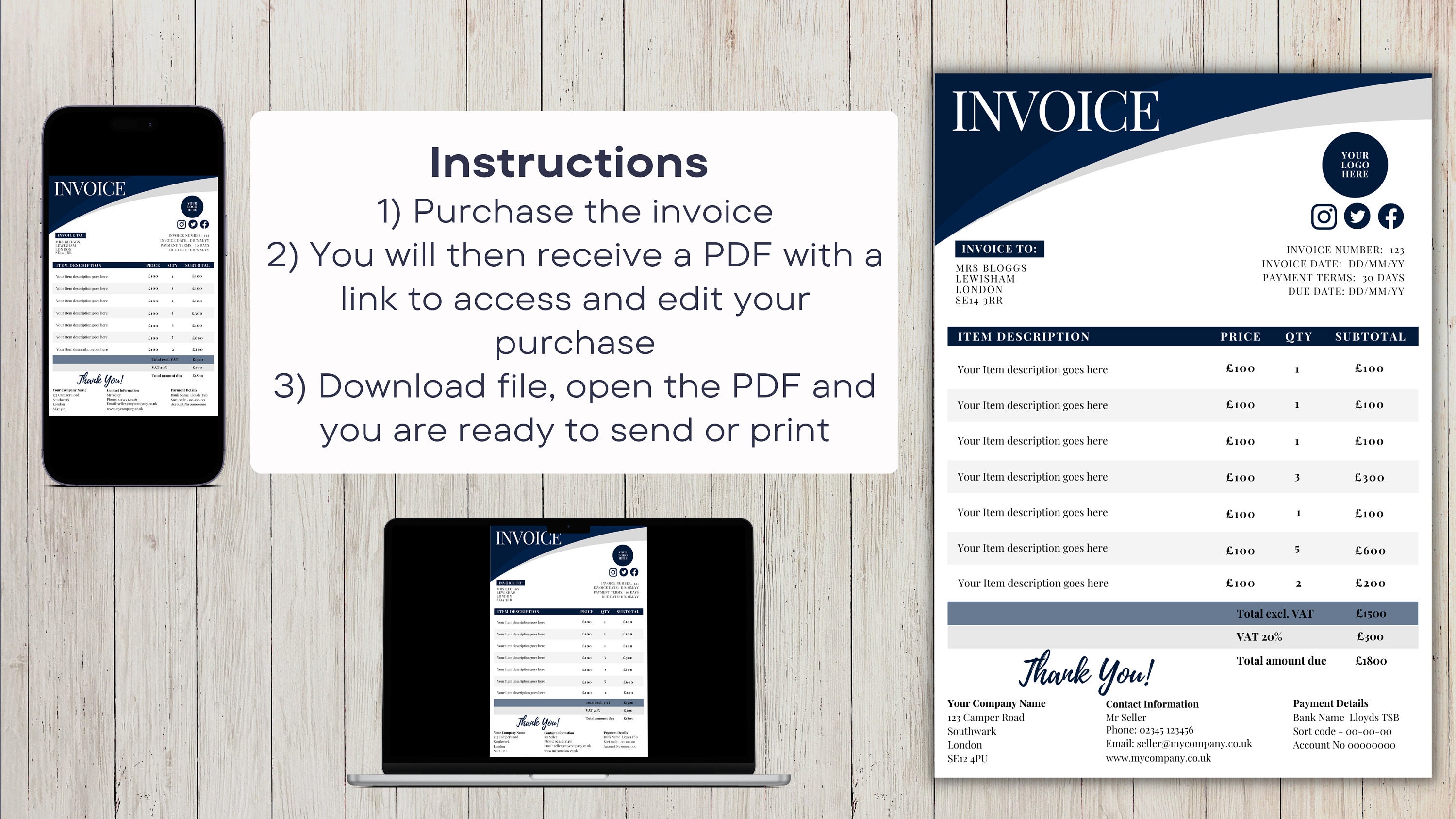 A4 Custom Invoice Template, Invoice Template, Editable Invoice ...