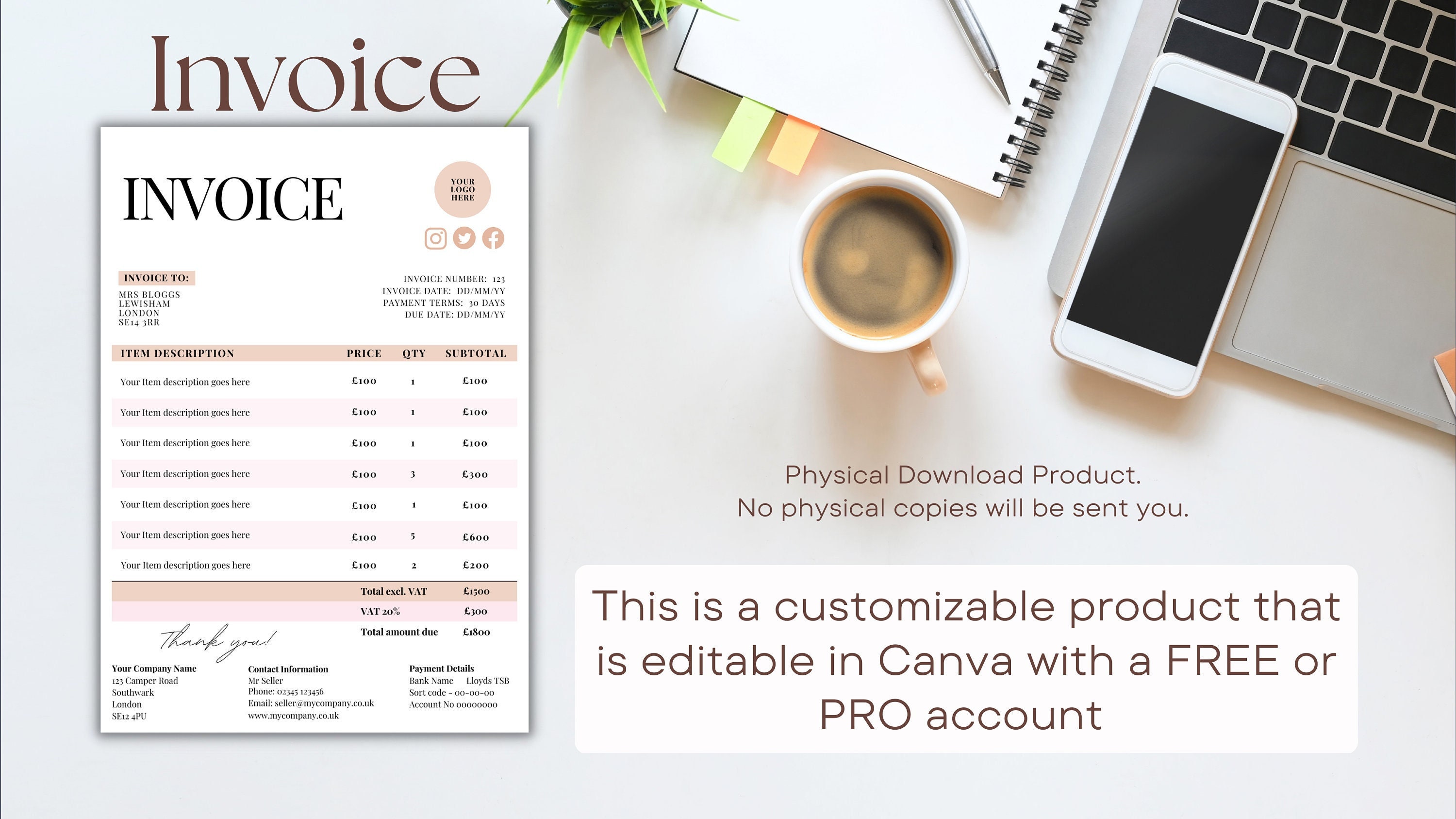 A4 Custom Invoice Template, Invoice Template, Editable Invoice ...
