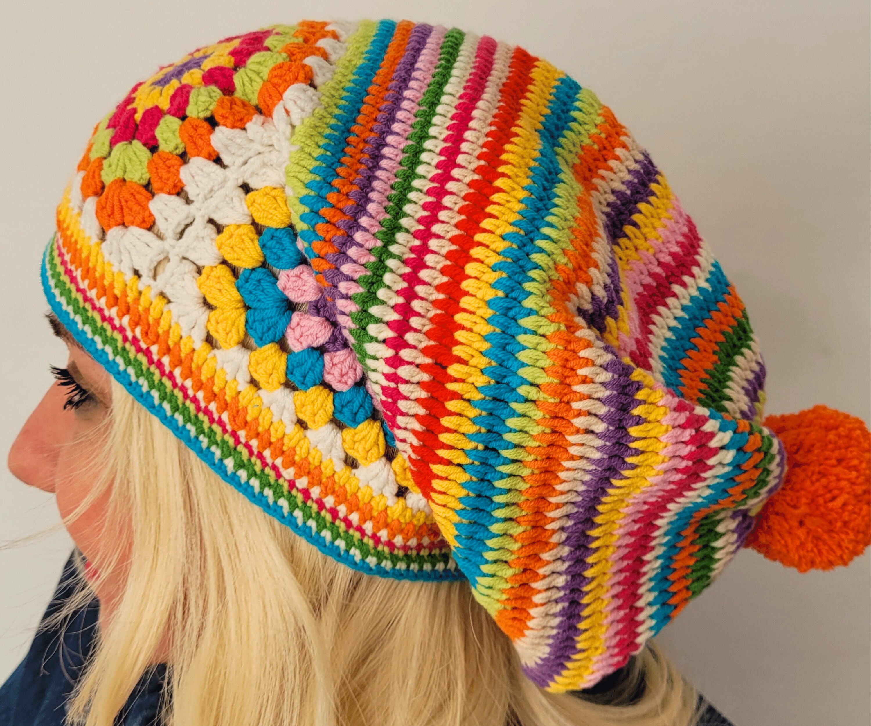 Handknit Granny Square Slouchy Colorful Stripted Colorful Beanie With ...