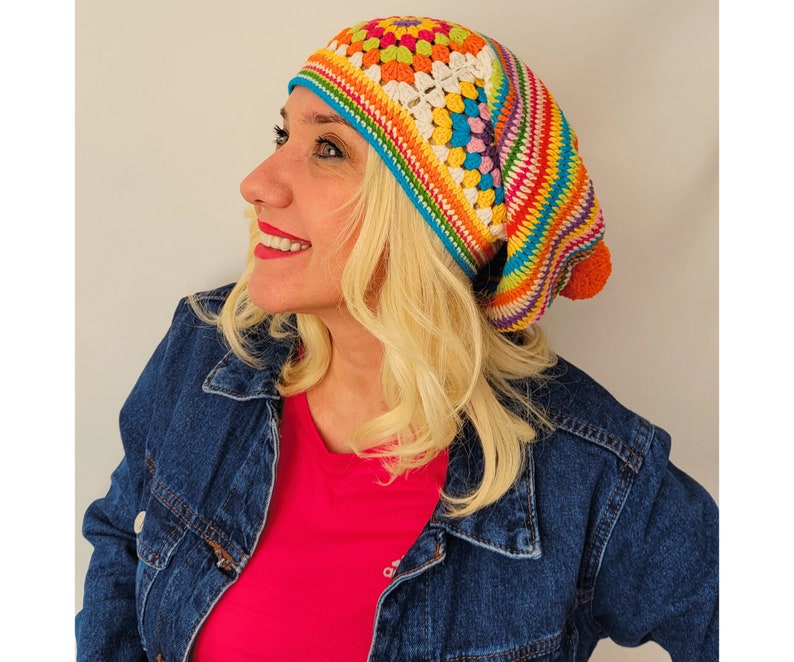 Handknit Granny Square Slouchy Colorful Stripted Colorful Beanie With ...