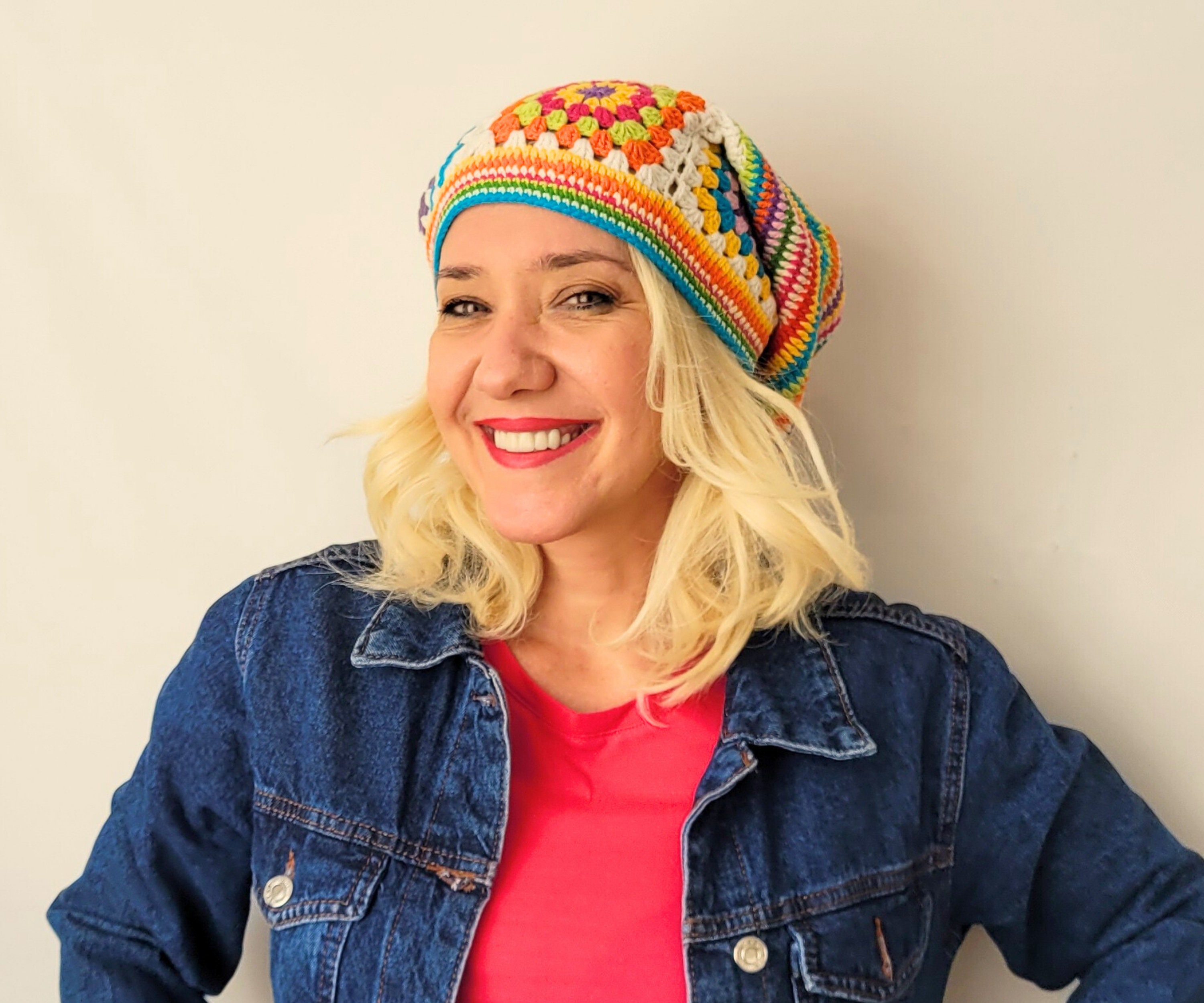 Handknit Granny Square Slouchy Colorful Stripted Colorful Beanie With ...